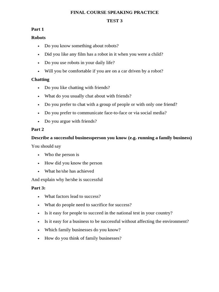 FINAL COURSE SPEAKING PRACTICE - TEST 3 - Robots, Chatting, Describe A ...