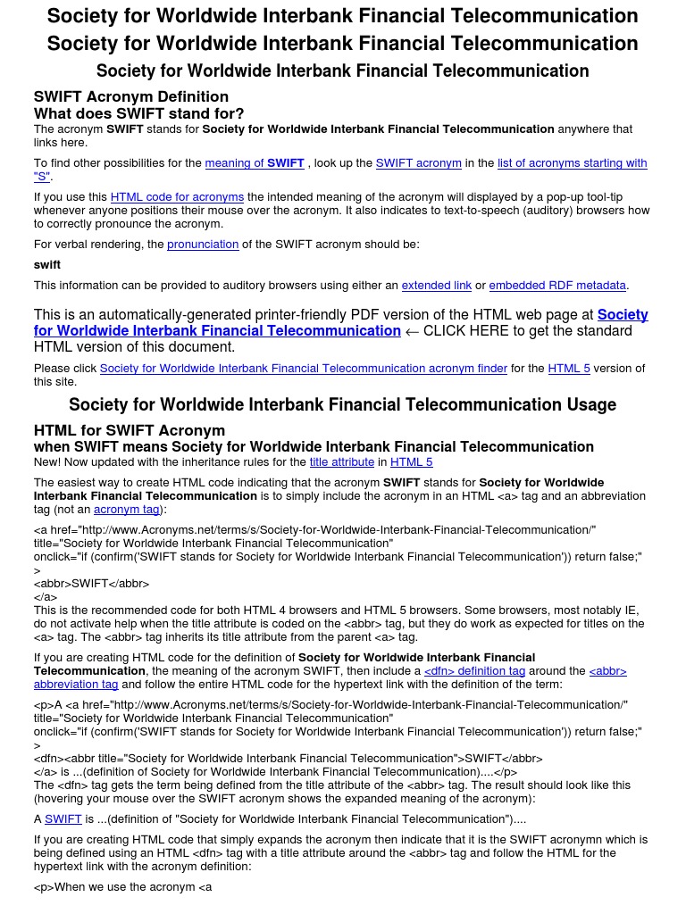 Society For Worldwide Interbank Financial Telecommunication: SWIFT ...