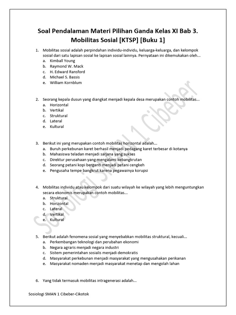Soal Pendalaman Materi Pilihan Ganda Kelas XI Bab 3. Mobilitas Sosial - KTSP - Buku 1 | PDF