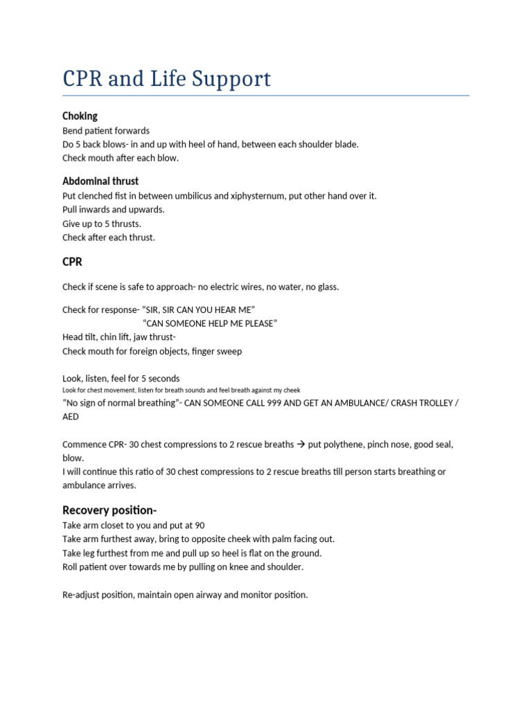 CPR and Life Support OSCE Note | PDF