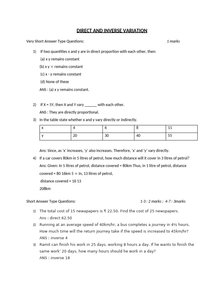 DIRECT AND INVERSE VARIATION | PDF | Speed