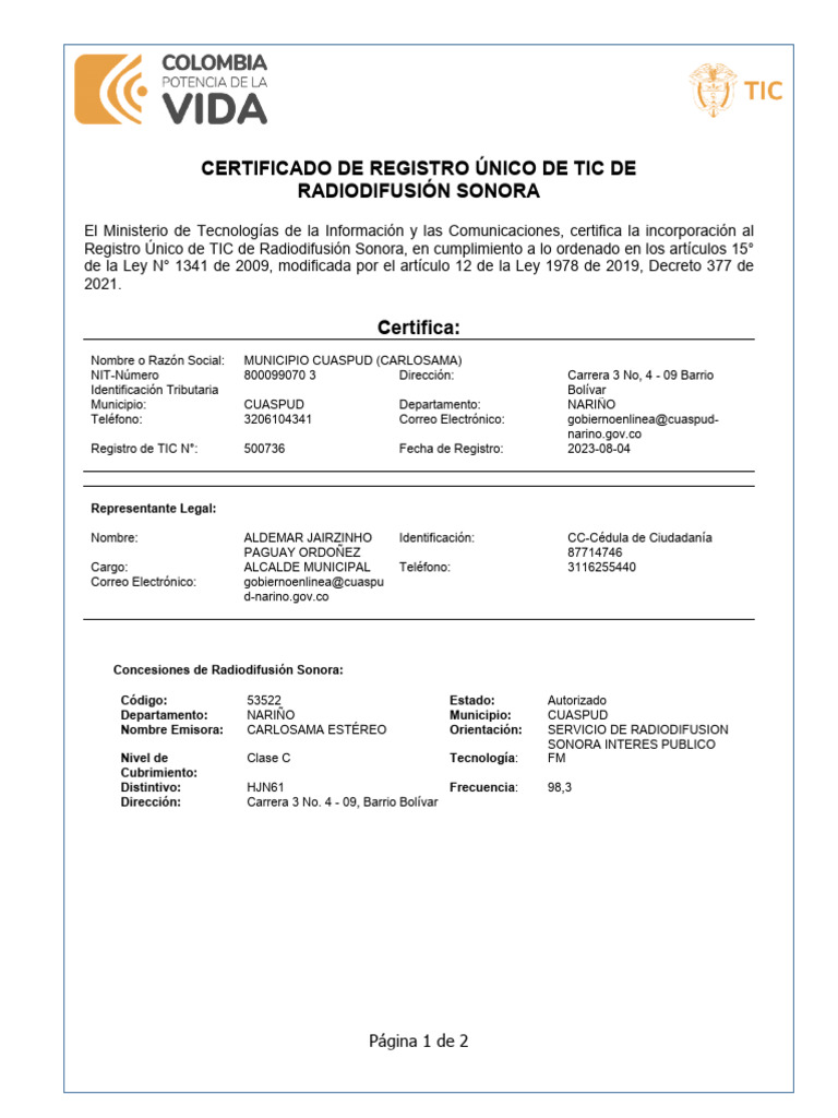 Certificado TIC Radiodifusión Cuaspud | PDF