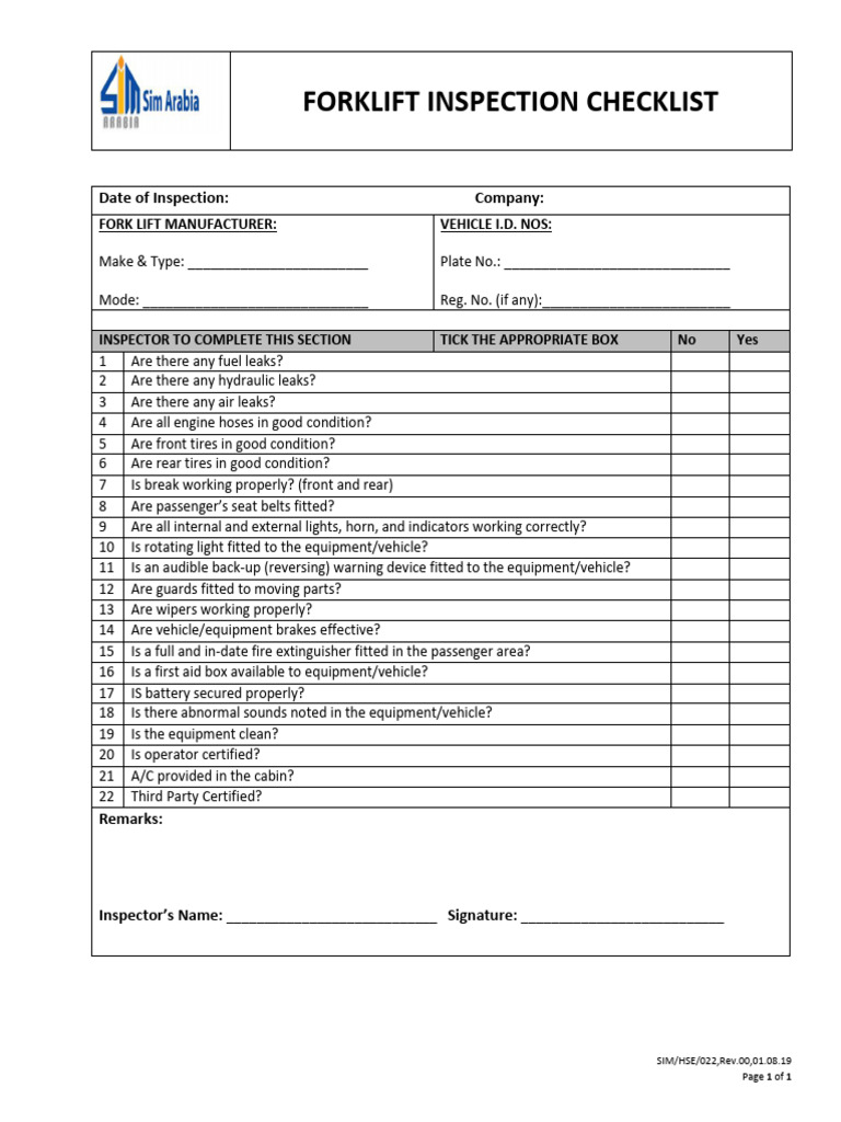 Forklift Inspection Checklist SIM HSE 022,Rev.00,01.08.19 | PDF