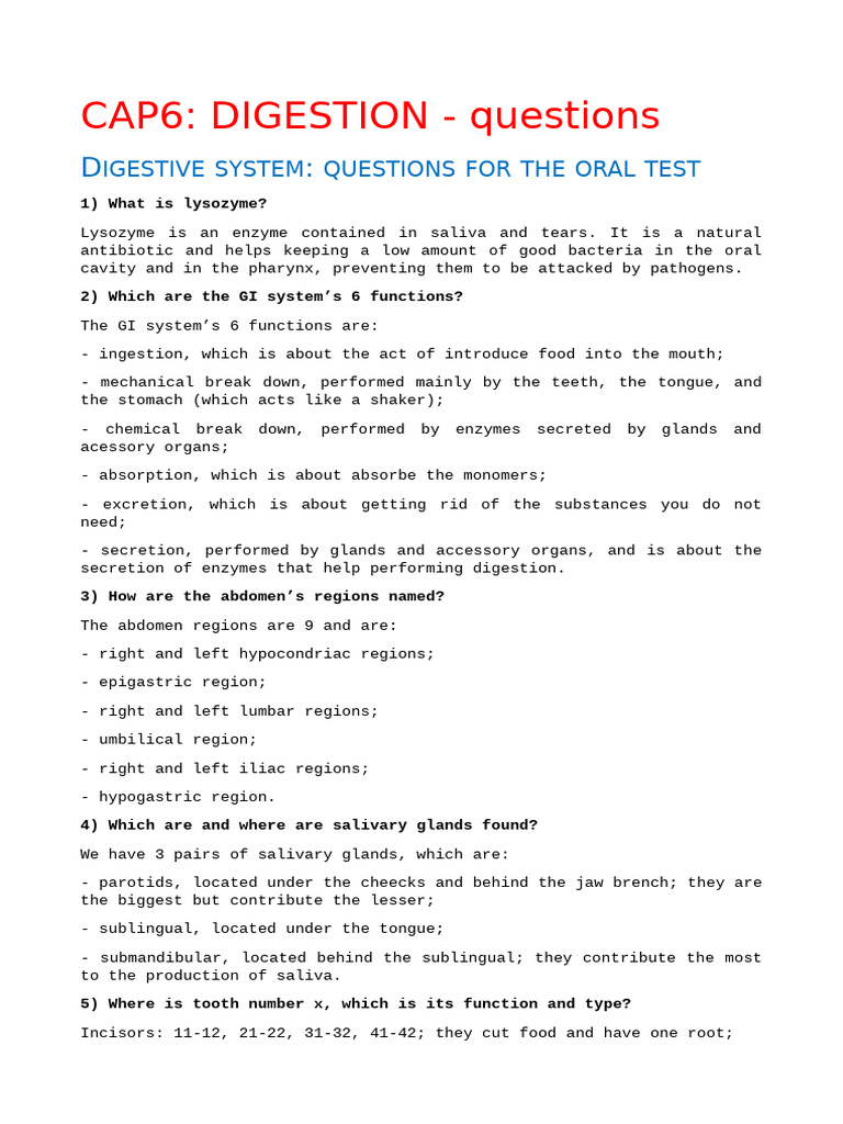 Cap6 Digestion - Questions | PDF | Stomach | Small Intestine