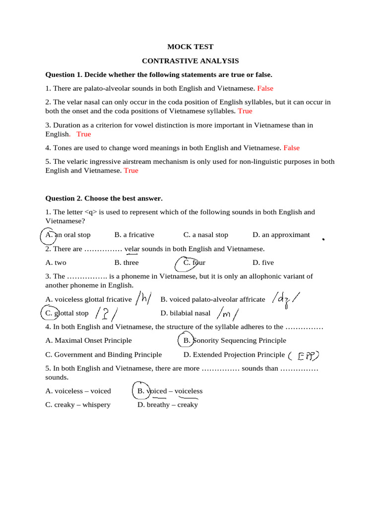 CA - Sample Questions - Phonetics and Phonology - Answer Key | PDF