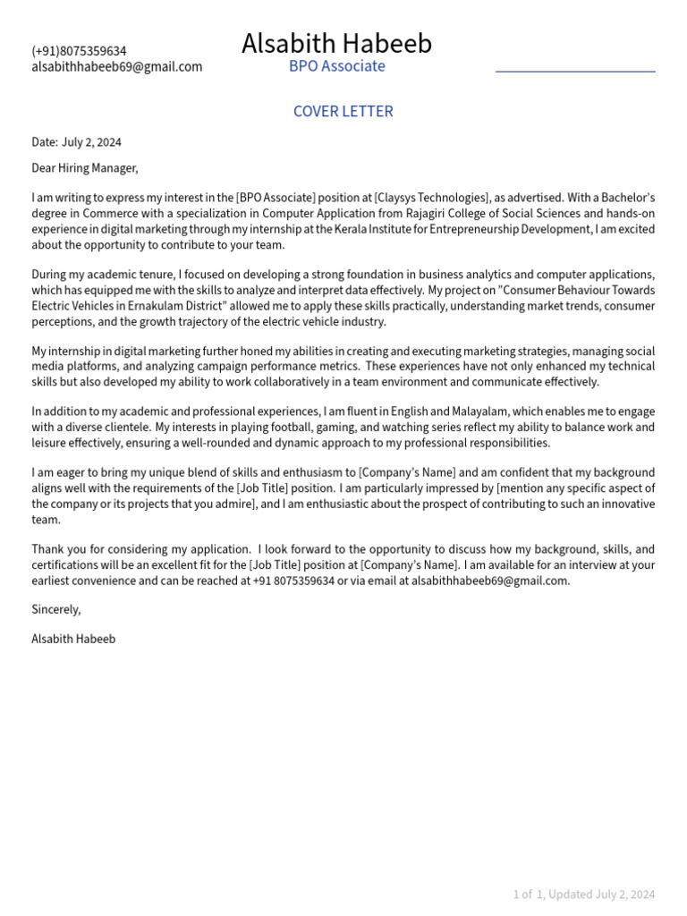 Entry-Level BPO Associate Cover Letter | PDF | Digital Marketing ...