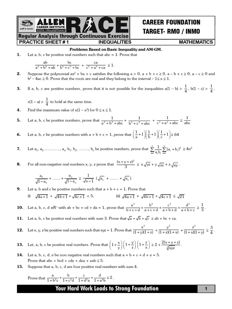 Inequalities Practice Sheet for RMO/INMO | PDF | Abstract Algebra ...