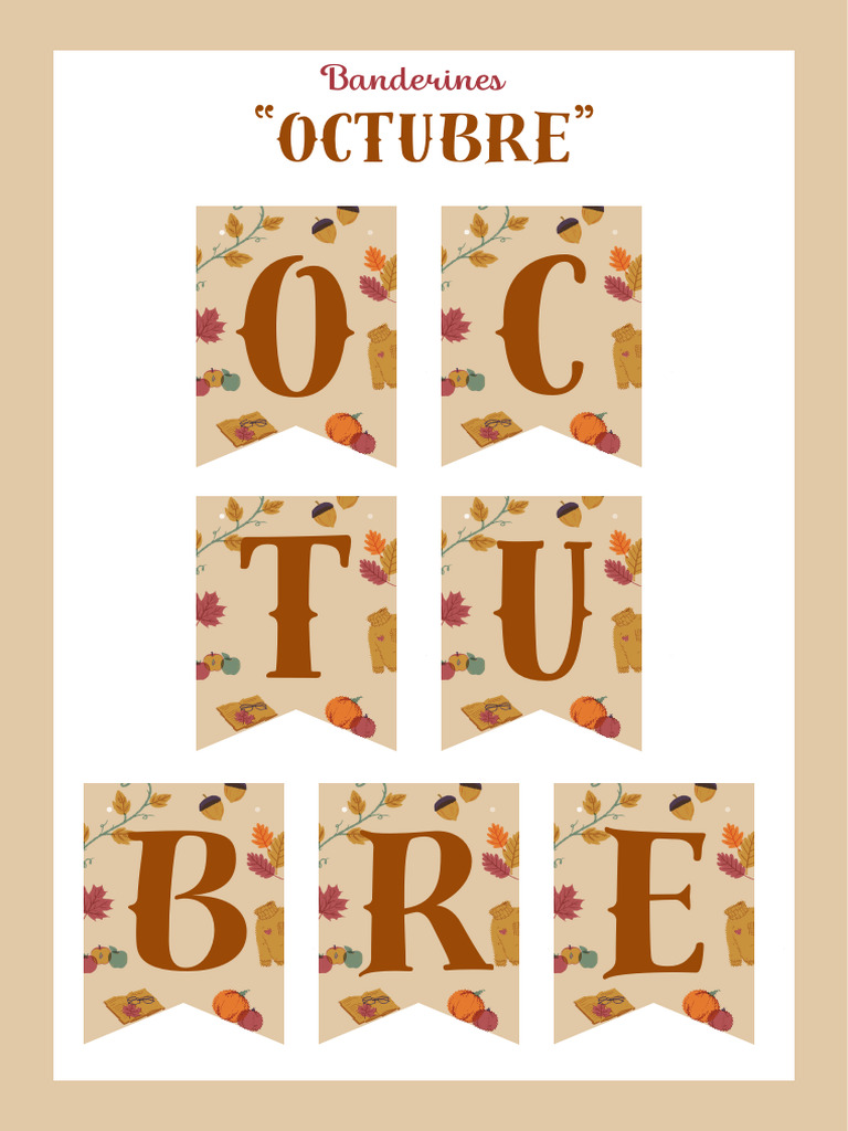 Banderines Escolares Octubre Ilustrado Cafe y Beige | PDF