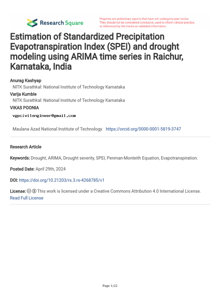 Estimation of Standardized Precipitation Evapotranspiration Index (SPEI) and Drought Modeling ...