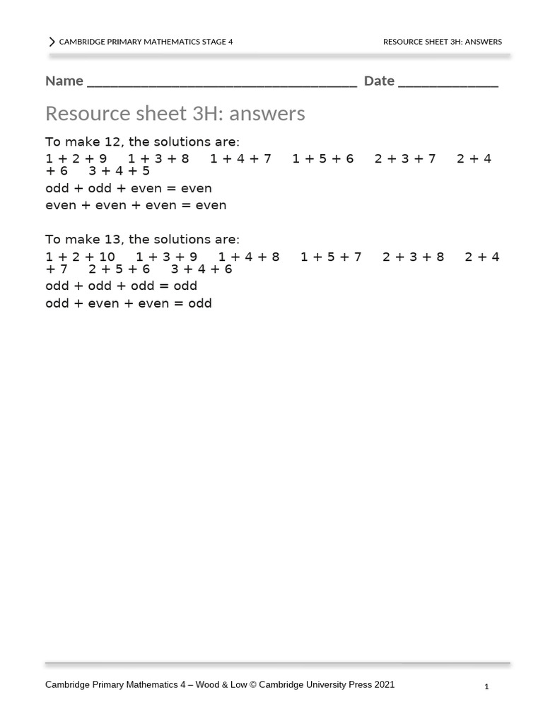Prim Maths 4 2ed TR Resource Sheet Answers 3h | PDF
