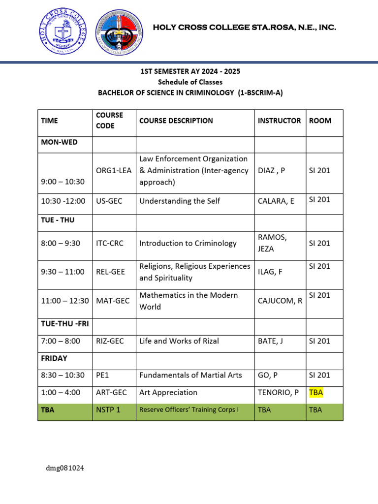Criminology Class Schedule 2024-2025 | PDF | Crimes | Crime & Violence