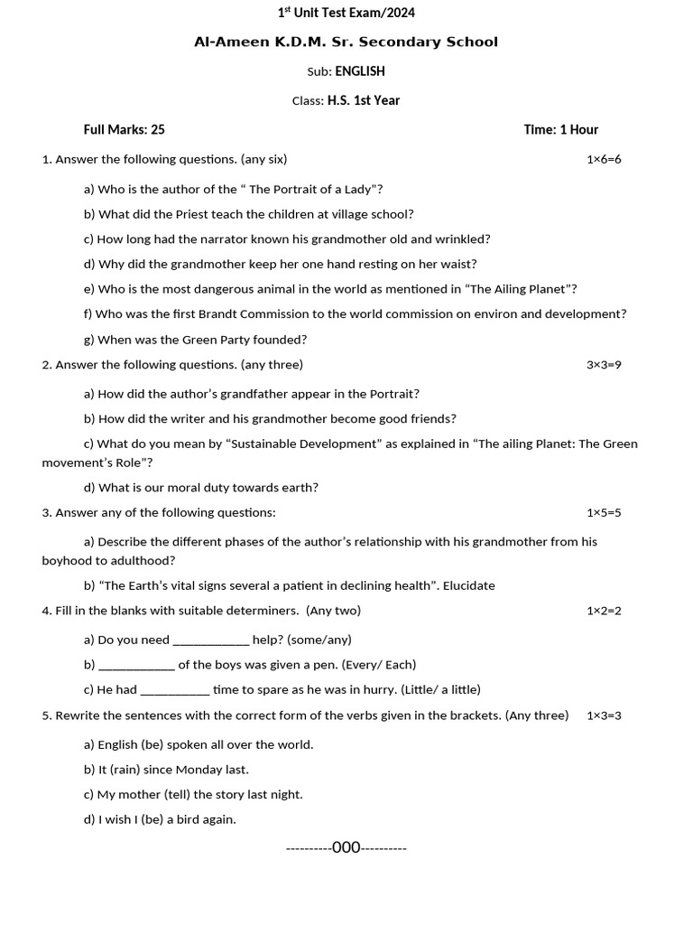Hs 1st Year English Question Paper | PDF