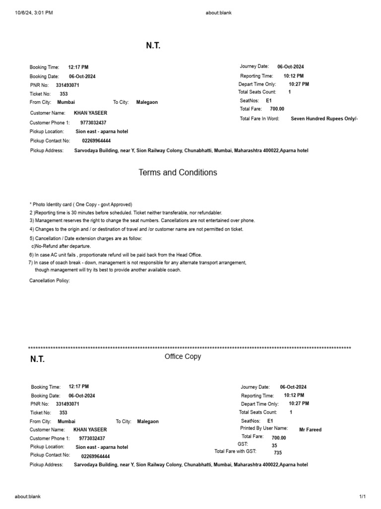 Mumbai to Malegaon Ticket Details | PDF | Fare | Public Transport