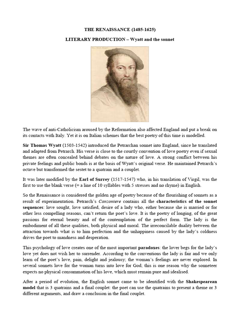 The RENAISSANCE - Literary Production - Wyatt and The Sonnet | PDF ...