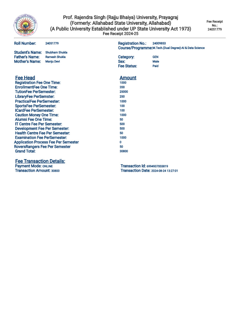 Fees Recipt Prsu | PDF