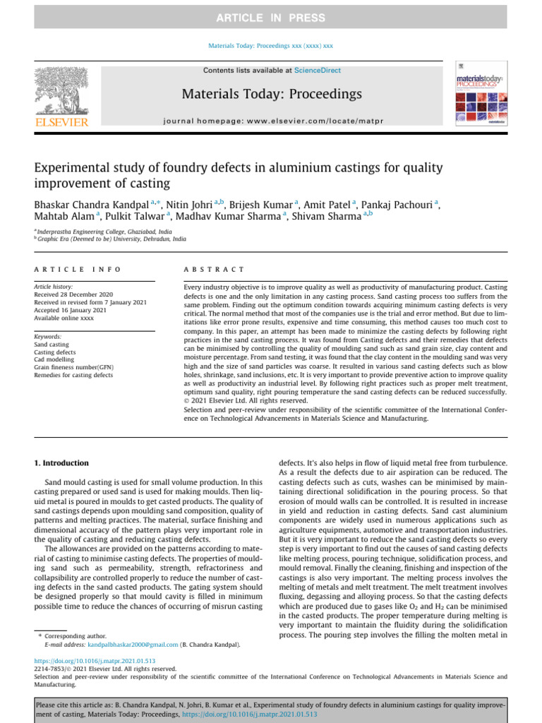 Experimental Study of Foundry Defects in Aluminium Castings For Quality Improvement of Casting ...