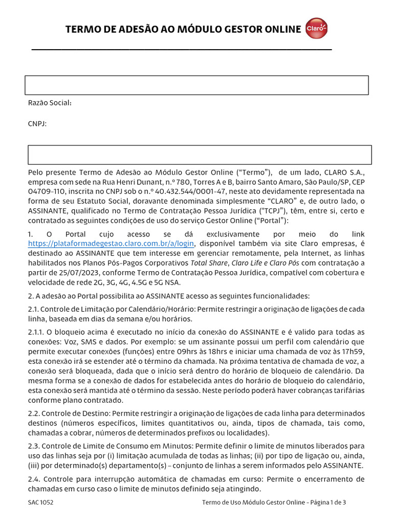 Termo de Adesão Ao Módulo Gestor Online | PDF | Internet | Rede de computadores