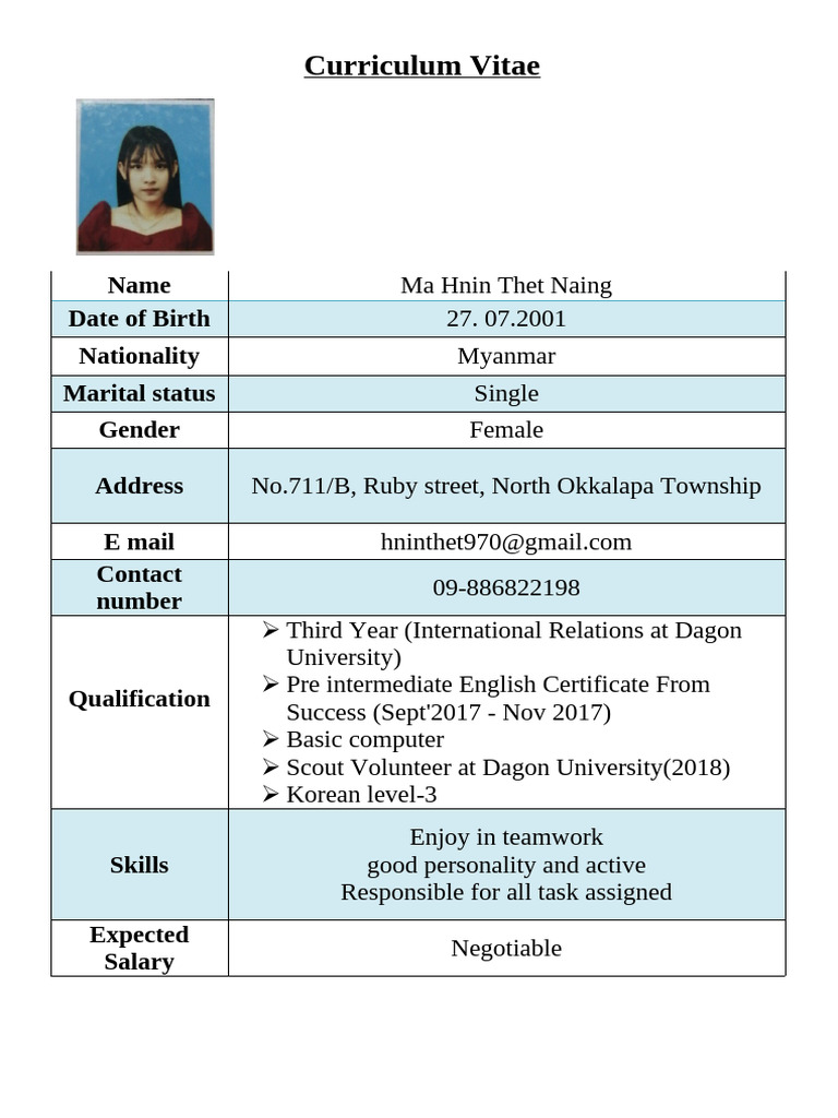 Ma Hnin Thet Naing CV Summary | PDF
