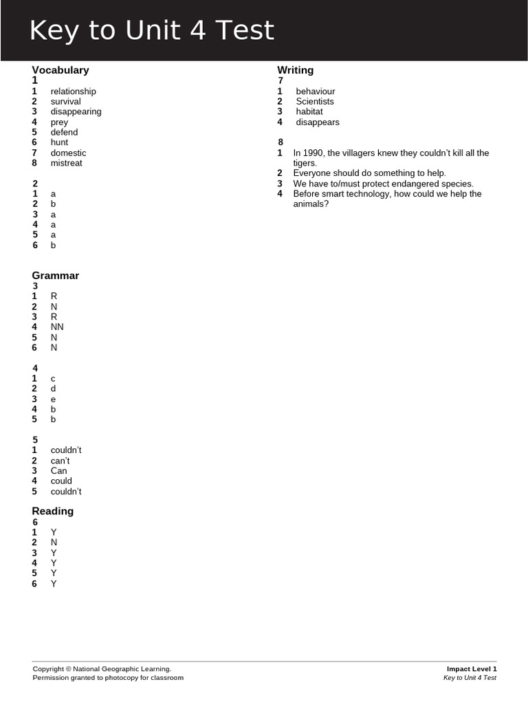 Impact Level 1 Unit 4 Test Test Key 0 | PDF