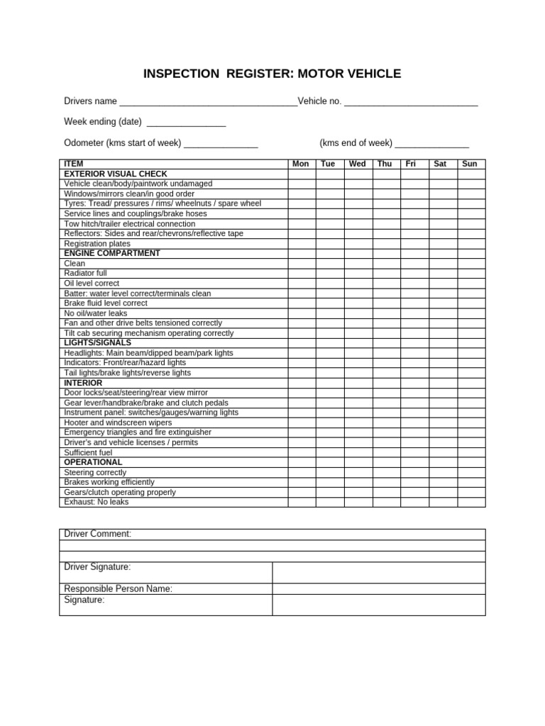 Daily Motor Vehicle Inspection Register | PDF