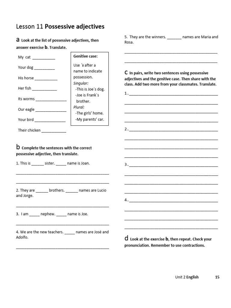 Possessive Adjectives and Family Vocabulary | PDF | Question | English ...