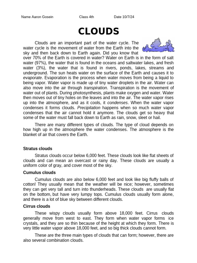 (? Cloud Reading WS) Clouds Reading WS | PDF | Cloud | Water Cycle