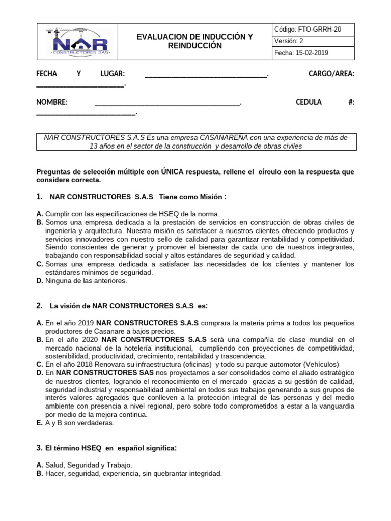 Fto-Grrh-20 X Evaluacion de Induccion | PDF