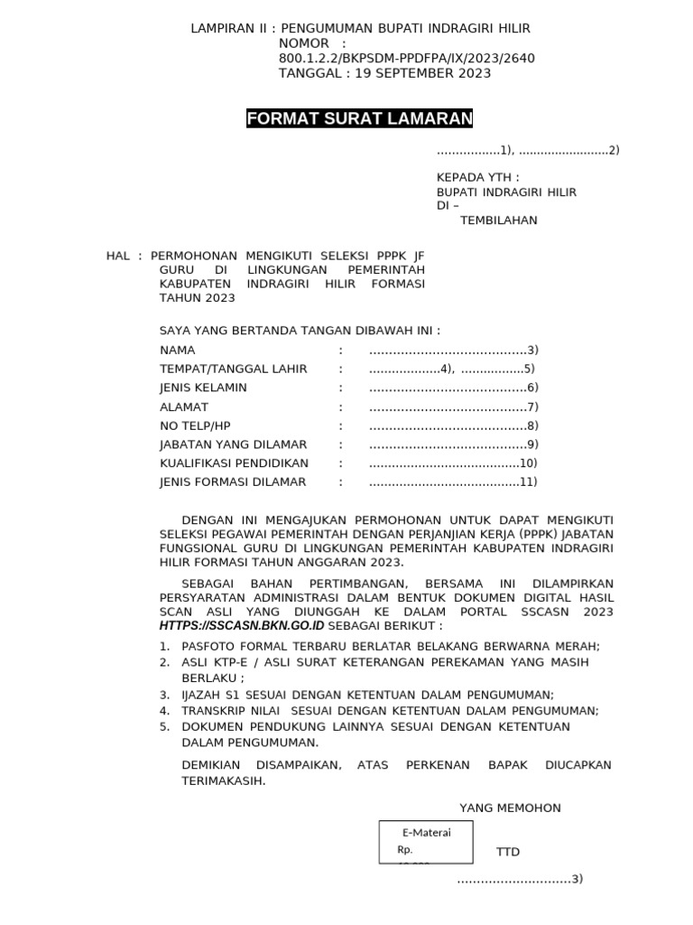 LAMPIRAN II Surat PPPK 2023 | PDF