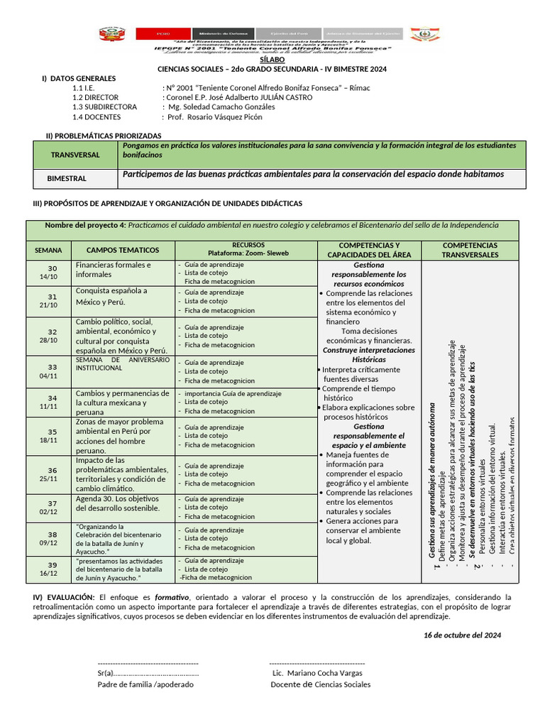 SILABO_IV_BIM_2DO_CC.SS._2024_-_4to_Bimestre | PDF | Metacognición | Aprendizaje
