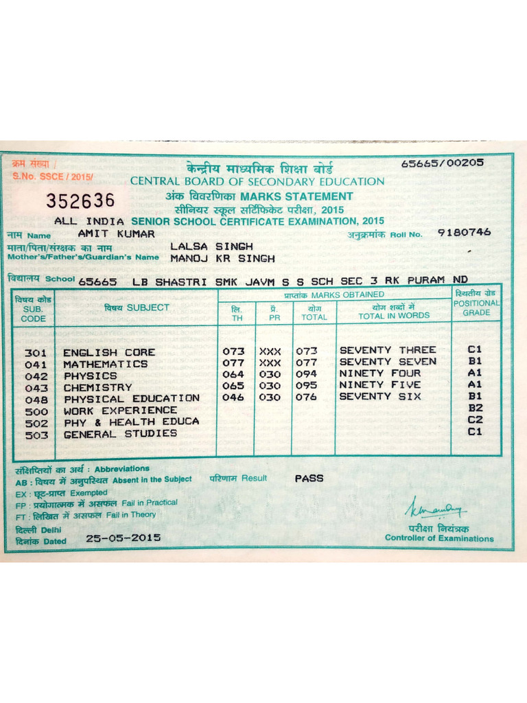 12th Marksheet | PDF