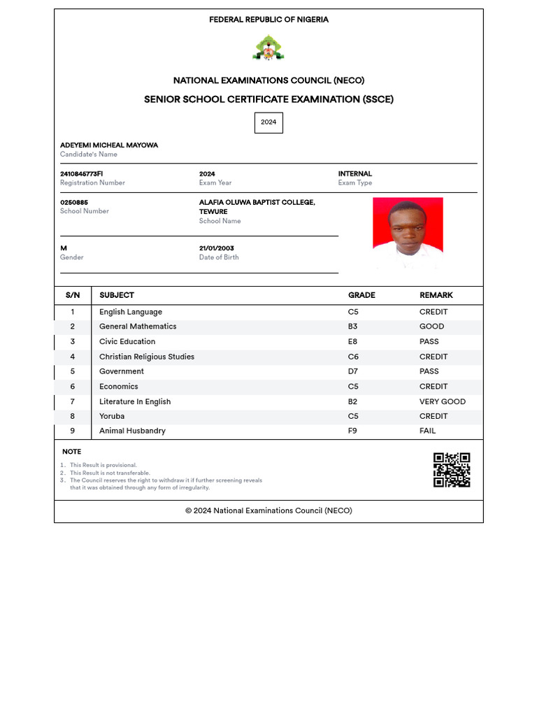NECO Results Portal | PDF