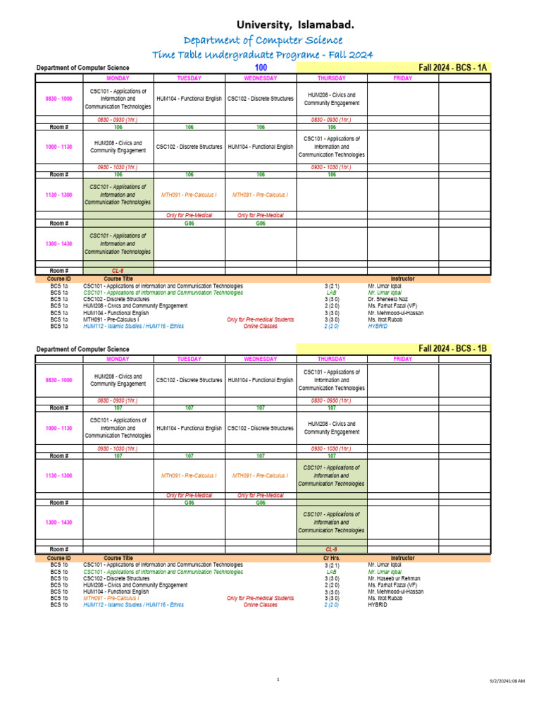 Computer Science - Revised Final Time Table - Fall 2024 | PDF | Computing
