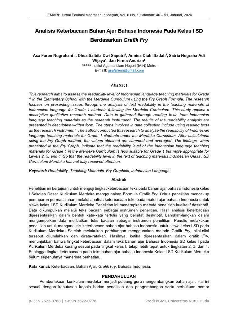 Analisis Keterbacaan Bahan Ajar Bahasa Indonesia Pada Kelas I SD ...