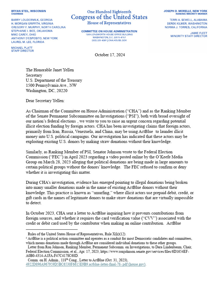 10-21-2024 - Bicameral Letter To Treasury - ActBlue - Briefing Request ...