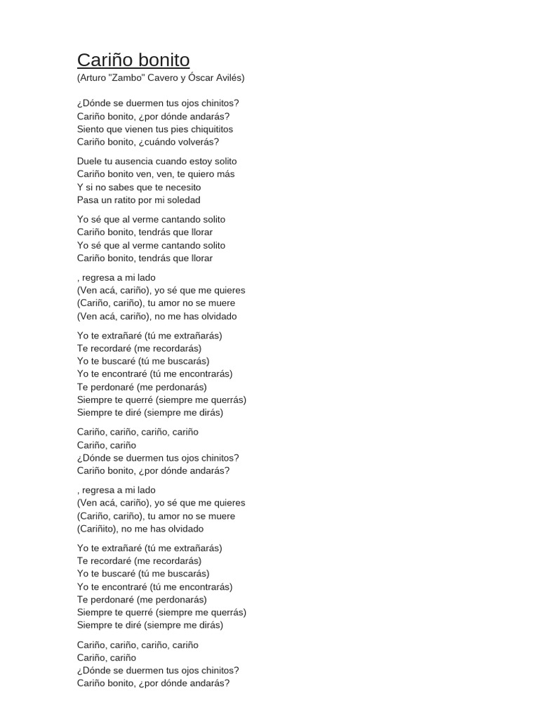 Cariño bonito LETRAS CRIOLLAS | PDF