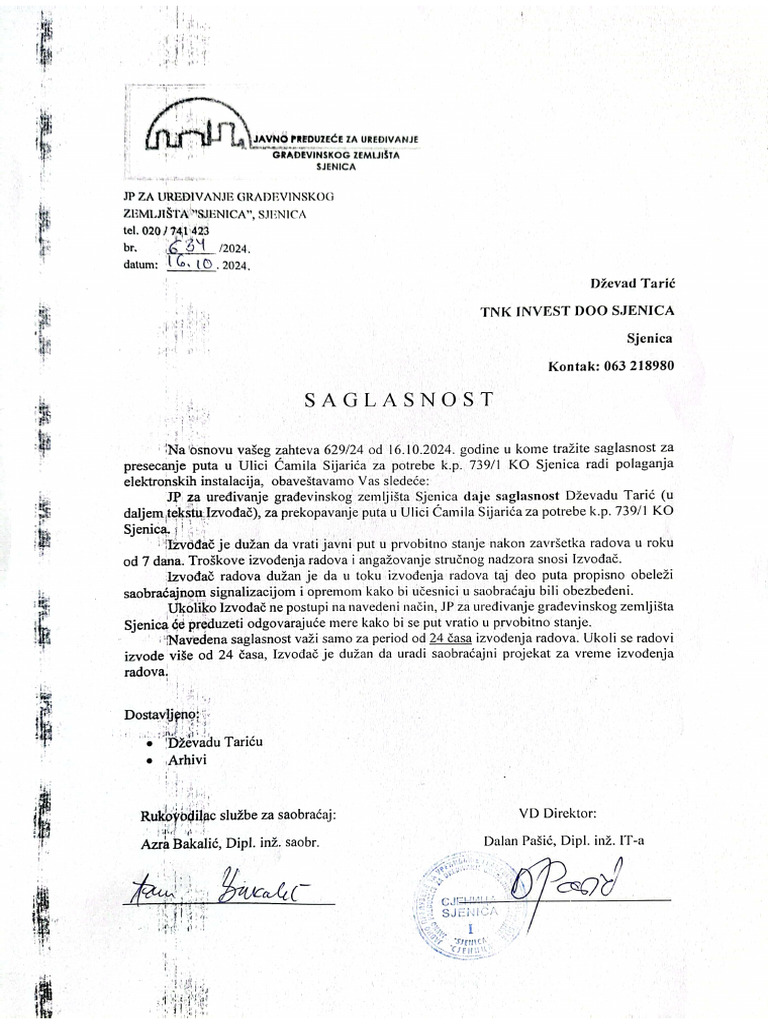 Saglasnost Za Prekopavanje Izdata Od Urbanizma-Za Tarice | PDF