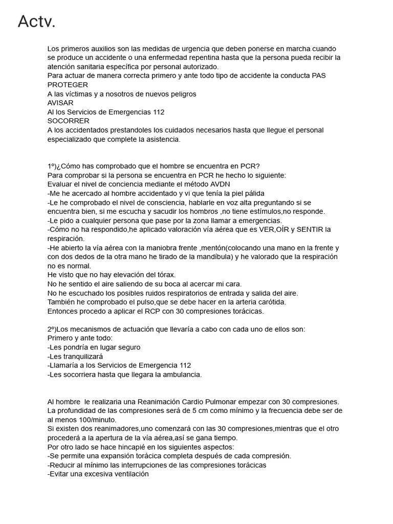 Guía de Primeros Auxilios Básicos | PDF | Reanimación cardiopulmonar | Especialidades Medicas