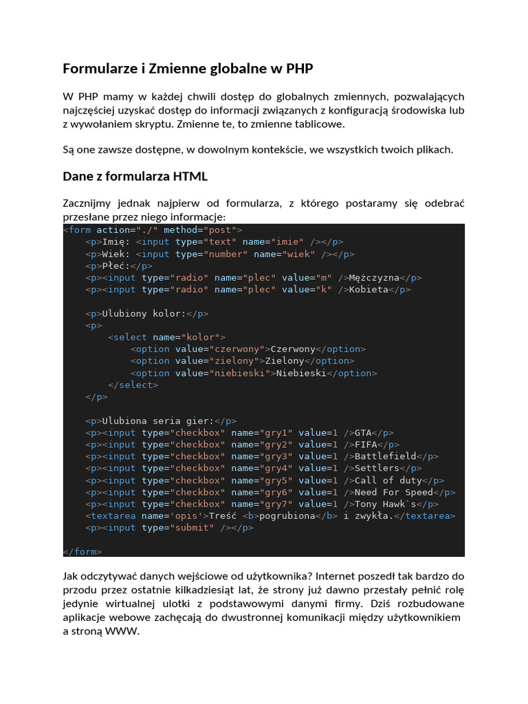 PHP Formularze, Tablice Globalne | PDF