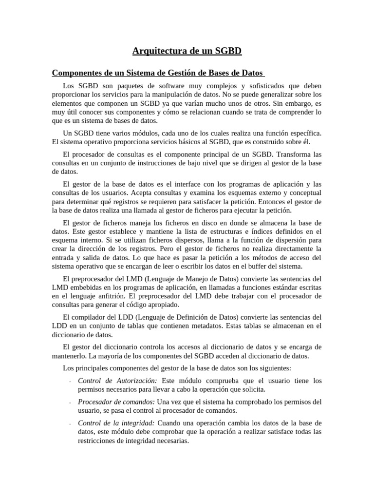 Arquitectura SGBD | PDF | Bases de datos | Archivo de computadora