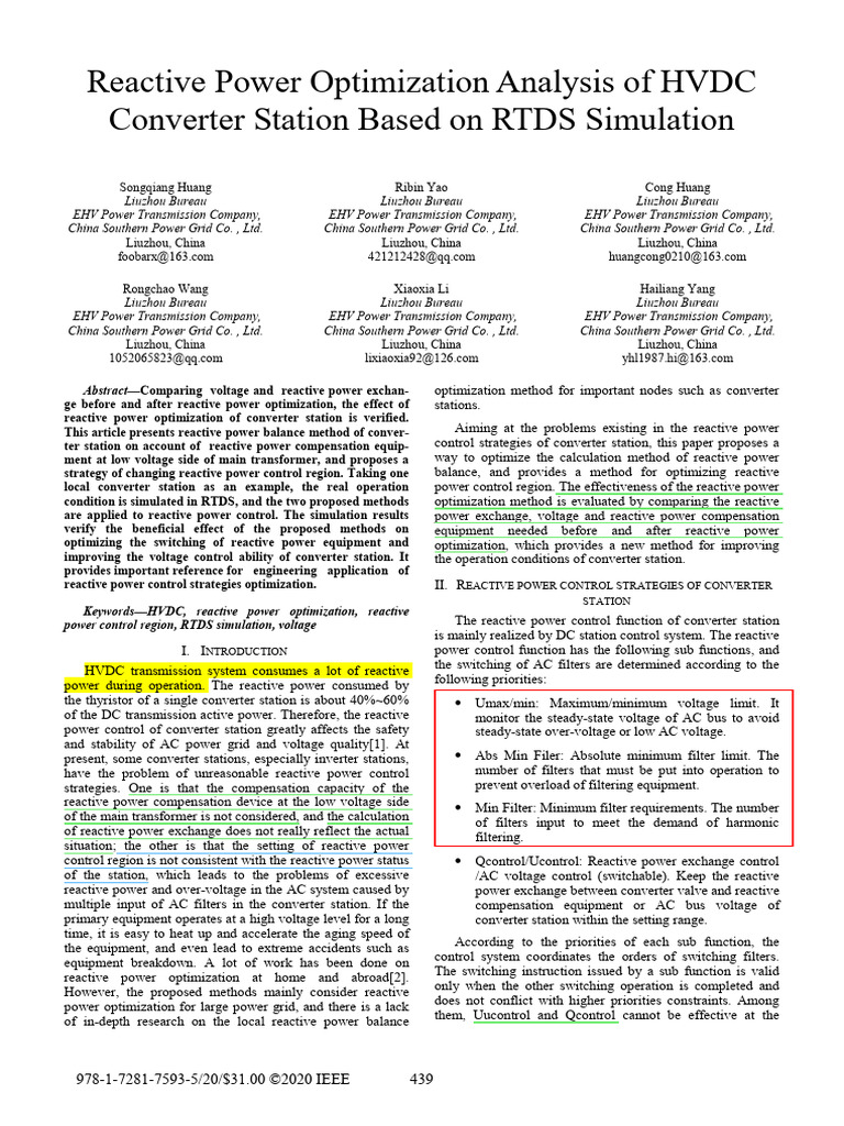 Reactive Power Optimization Analysis of HVDC Converter Station Based On RTDS Simulation | PDF ...