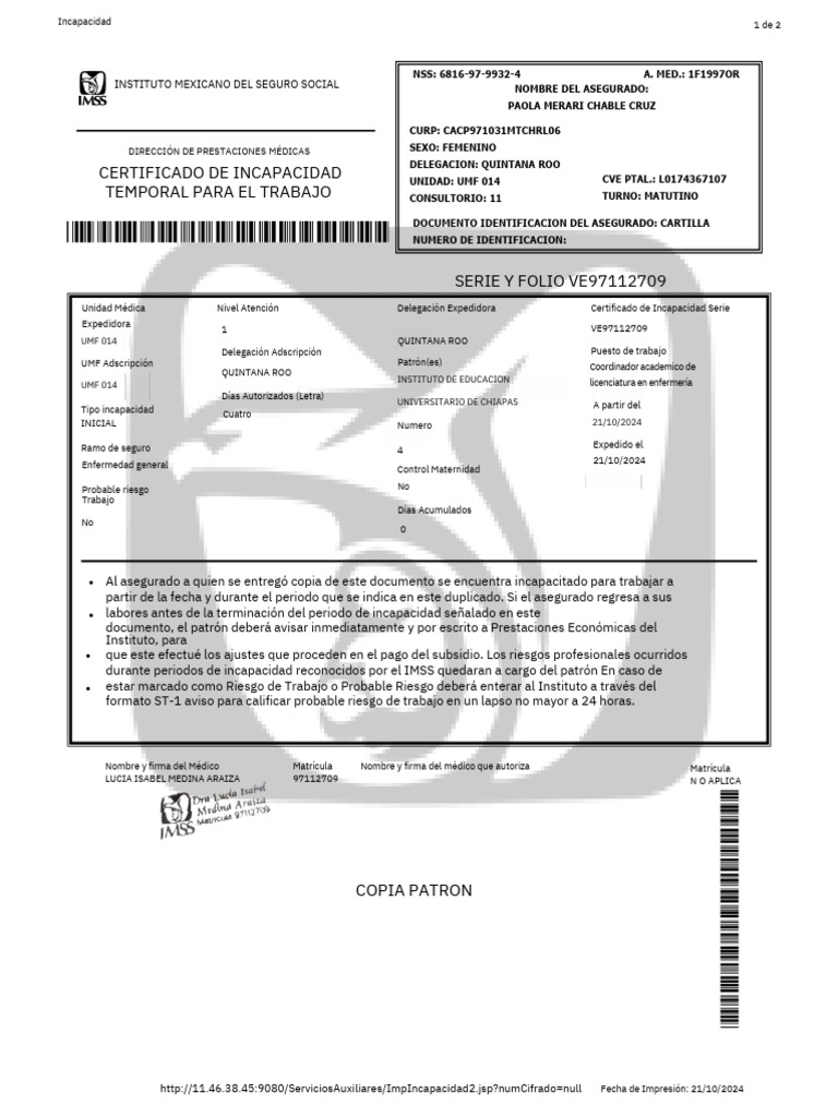 Incapacidad Imss | PDF