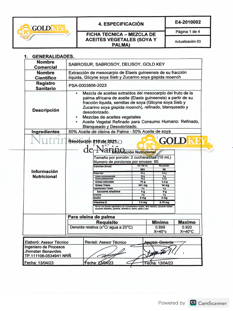 ACEITE GOLDKEY - FICHA TECNICA | PDF