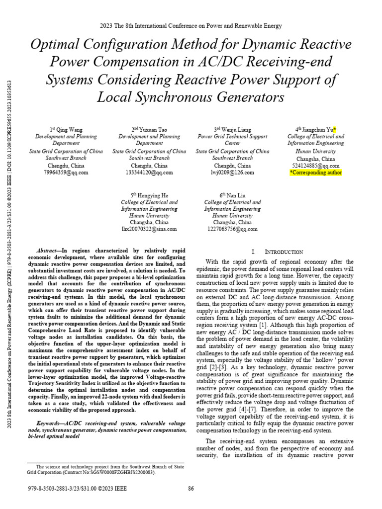 Optimal Configuration Method For Dynamic Reactive Power Compensation in AC DC Receiving-End ...