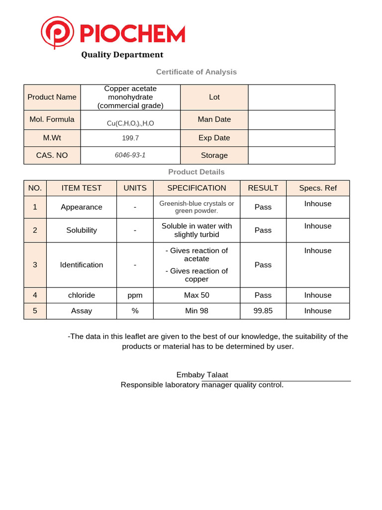 Copper Acetate Monohydrate | PDF