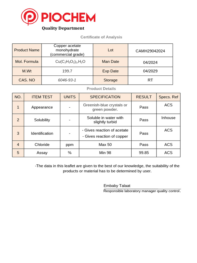 Copper Acetate Monohydrate Analysis Report | PDF