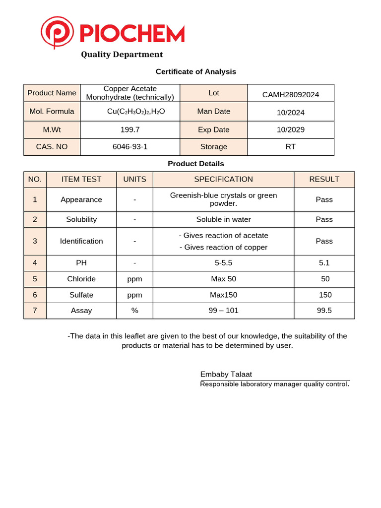 Copper Acetate Monohydrate CAMH28092024 | PDF