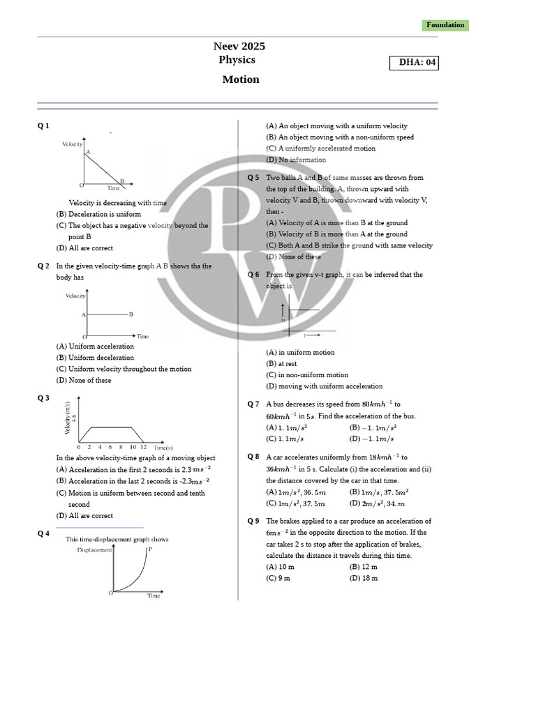 Motion - DHA 04 (Of Lecture 05) - Neev 2025 | PDF | Acceleration | Velocity