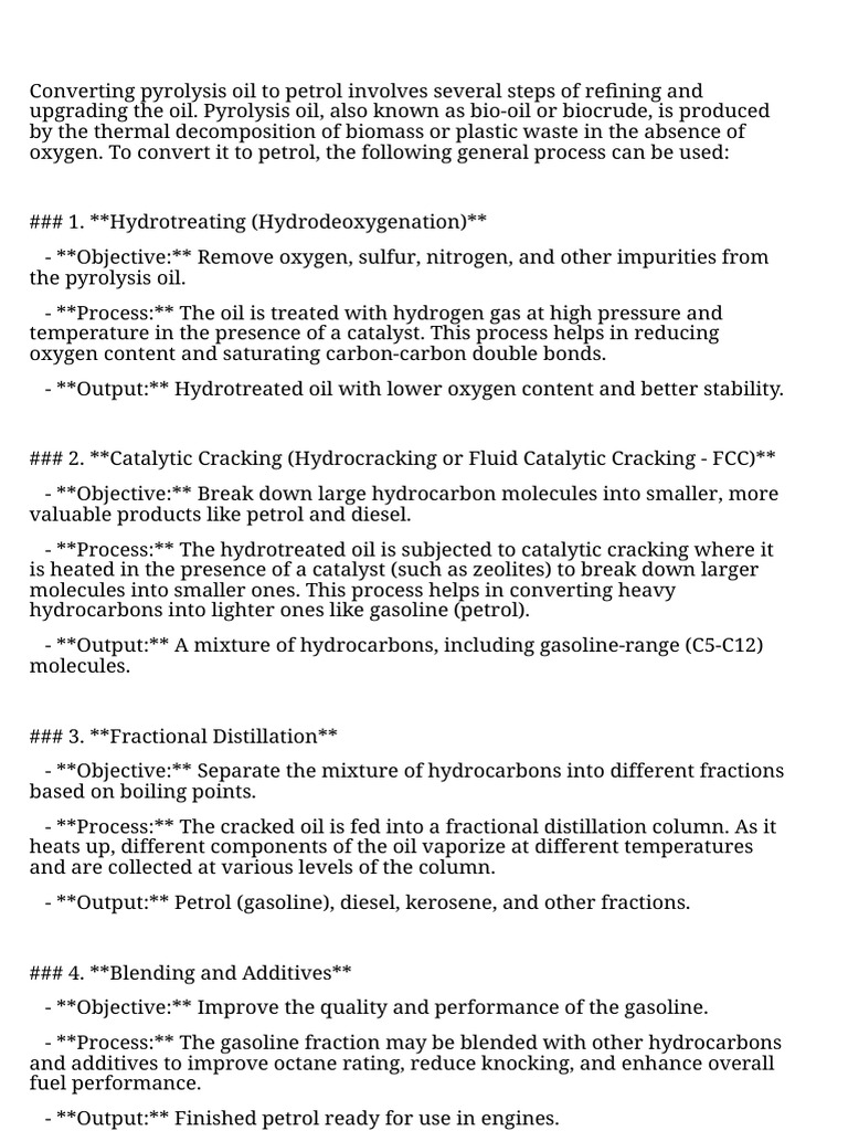 Converting pyrolysis oil to petrol | PDF | Cracking (Chemistry) | Gasoline