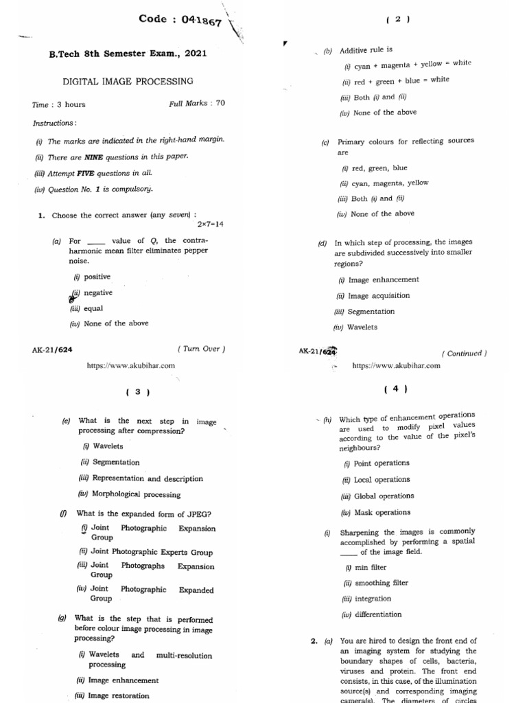 Btech Ece 8 Sem Digital Image Processing 041867 2021 | PDF