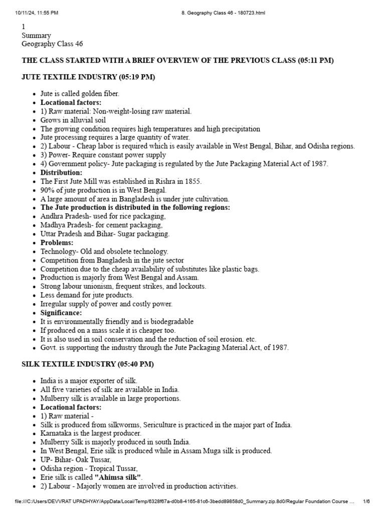 Geography Class 46 - 180723.html | PDF | Jute | Silk